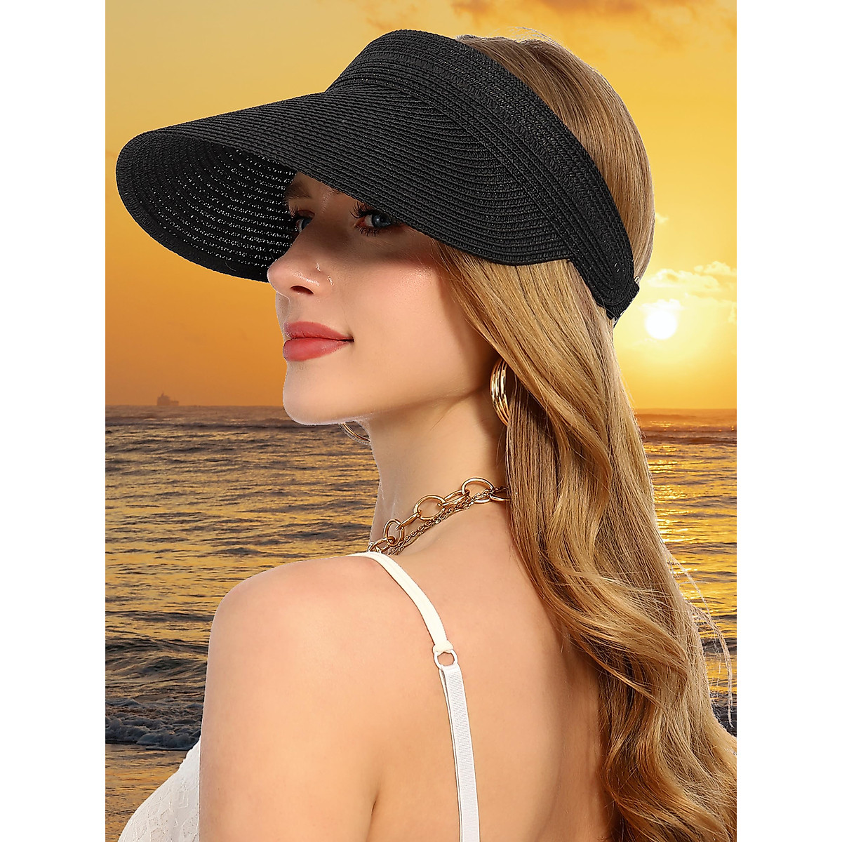 LA CARRIE Wide Brim Straw Visor for Women Sun Hat UV Protection Packable Beach Cap for Summer UPF 50+(Black)