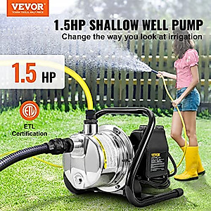 VEVOR Shallow Well Pump, 1.5 HP 115V, 1200 GPH 164 ft Height, 87 psi Max Pressure, Portable Stainless Steel Sprinkler Booster Jet Pumps for Garden Lawn Irrigation system, Lake Fountain, Water Transfer