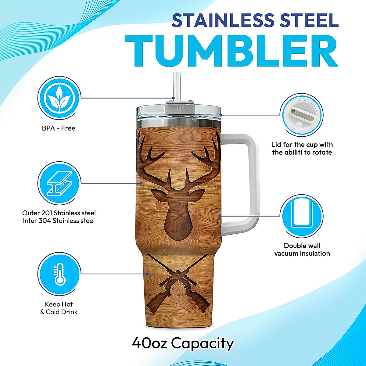 Hyturtle Personalized Hunting Gifts For Men-Deer Hunting Tumbler 40oz with Handle & Straw-Stainless Steel Travel Coffee Cup With Lid Gift For Dad Him Boy Husband-Birthday Christmas Gifts For Hunters