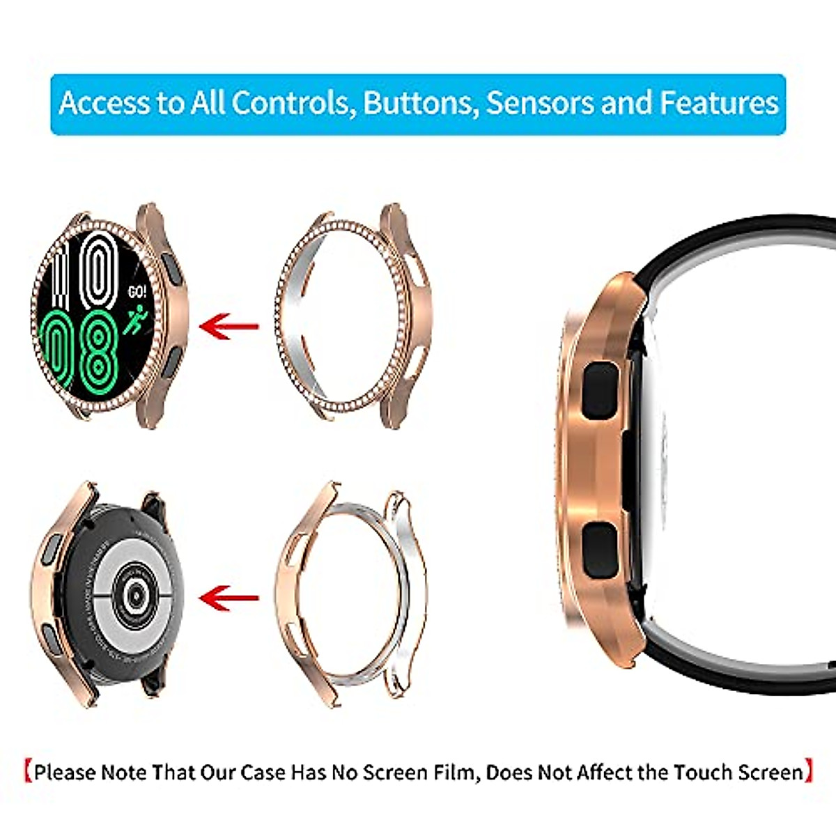 RICHONE [6Pack] Bling Case Compatible with Samsung Galaxy Watch 4 40mm 44mm Protector, Diamonds Cover Hard PC Bumper Frame (6 Colors, Watch 4 40mm)