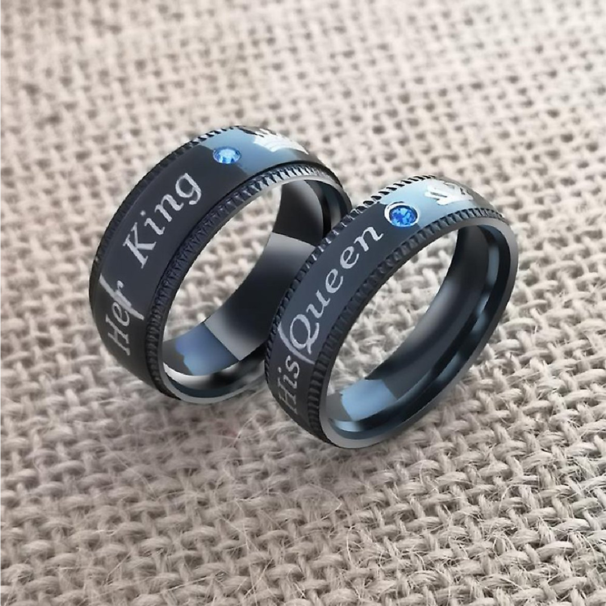 6mm Black Stainless Steel His Queen Womens Wedding Band Promise Engagement Proposal Ring with Blue Cubic Zirconia (Her Size 9)