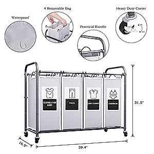 C&AHOME 4-Bag Laundry Sorter Cart, Rolling Laundry Hamper Organizer, Laundry Basket Sorter, Removable Bags with 6 Sorting Cards and Heavy Duty Rolling Lockable Wheel for Clothes Storage, Grey ULSCM04G