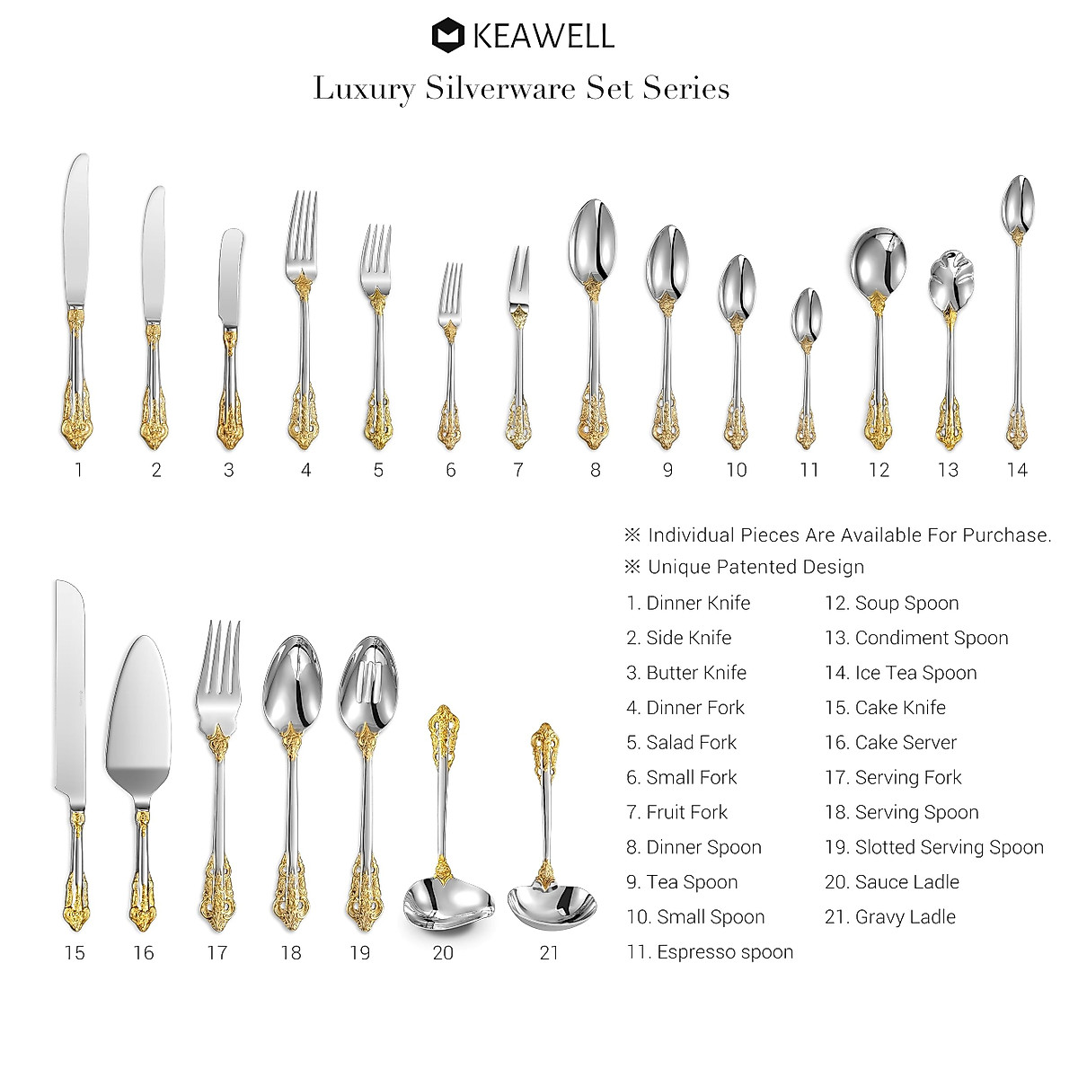 KEAWELL Luxury 65 Pieces 18/10 Stainless Steel Flatware set, Service for 12, silver plated with gold accents, Fine Silverware set and Dishwasher Safe