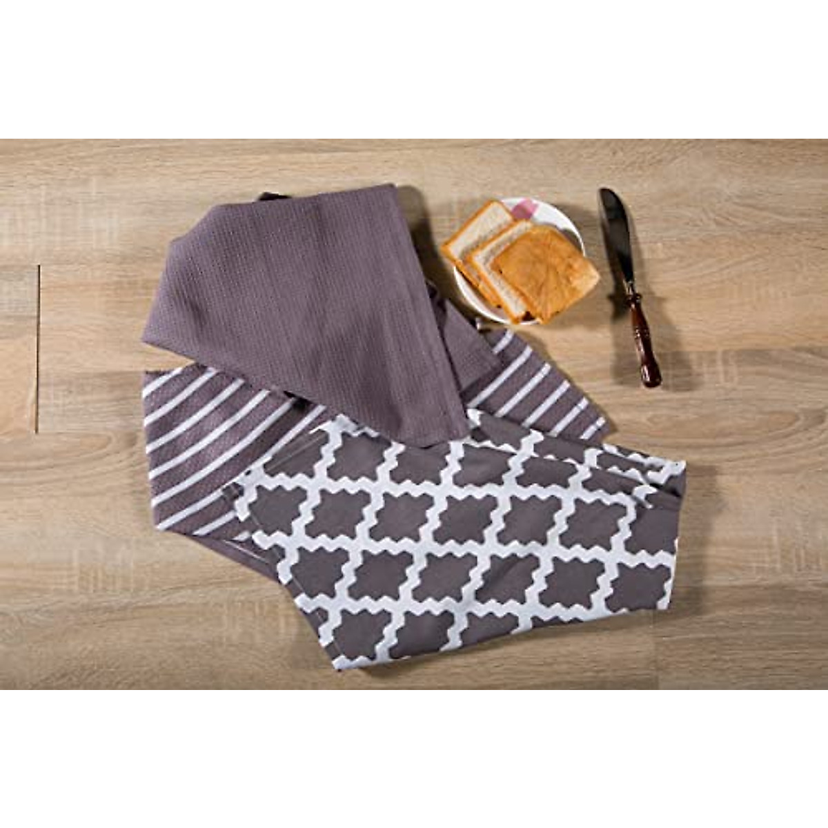 FRENCH BREAD Premium Kitchen Towels Set With Hang Loop - Pack of 5 Cotton Dish Towels for Drying Dishes, 18”x 26”, Absorbent Tea Towels, Dish Towels for Kitchen, Quick Drying Kitchen Towel Set - Gray