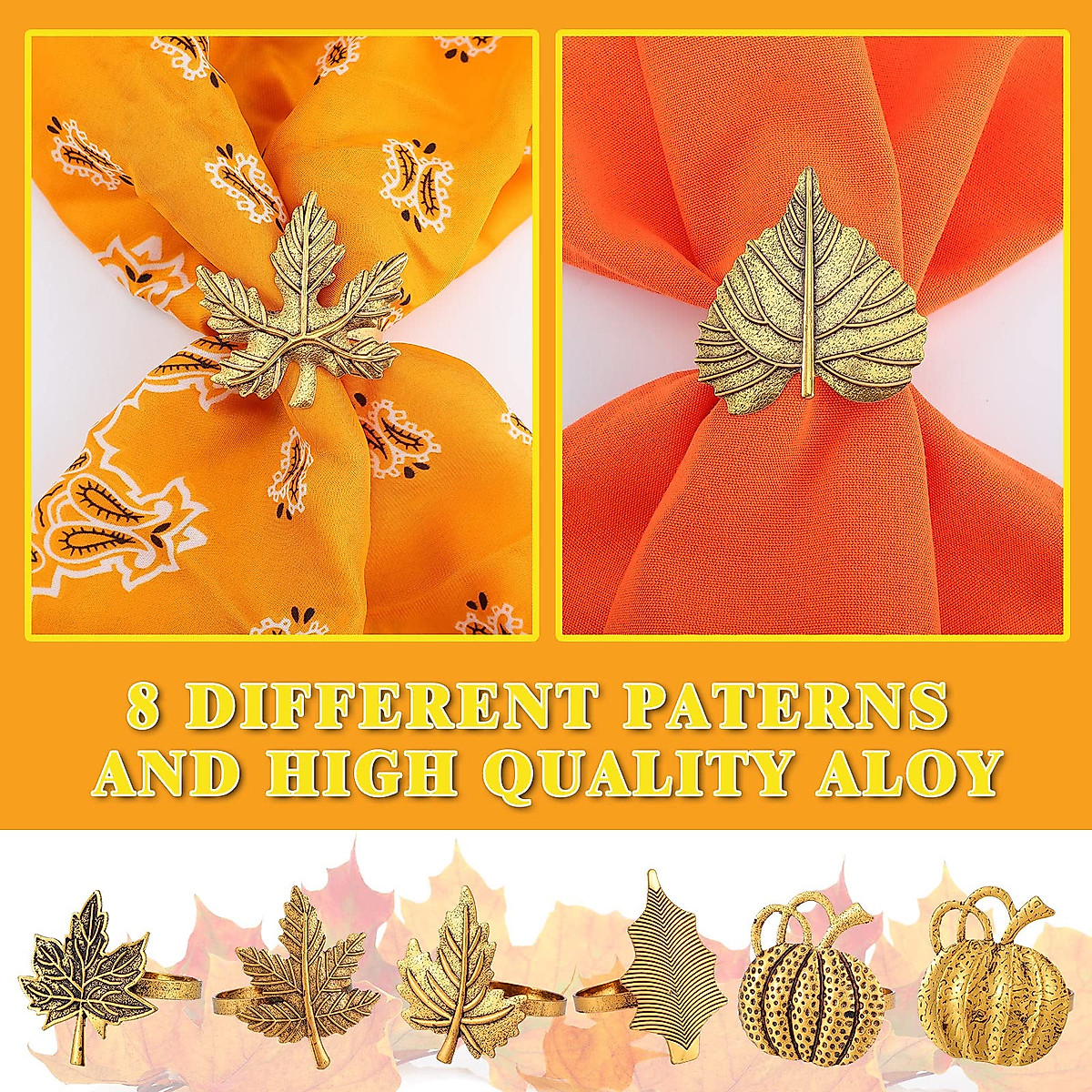 WILLBOND 12 Pcs Thanksgiving Napkin Ring Set Pumpkin Napkin Holders Fall Napkin Rings Fall Leaf Napkin Rings Alloy Napkin Holder Buckle for Halloween Home Party Table Decor Wedding Supplies(Classic)