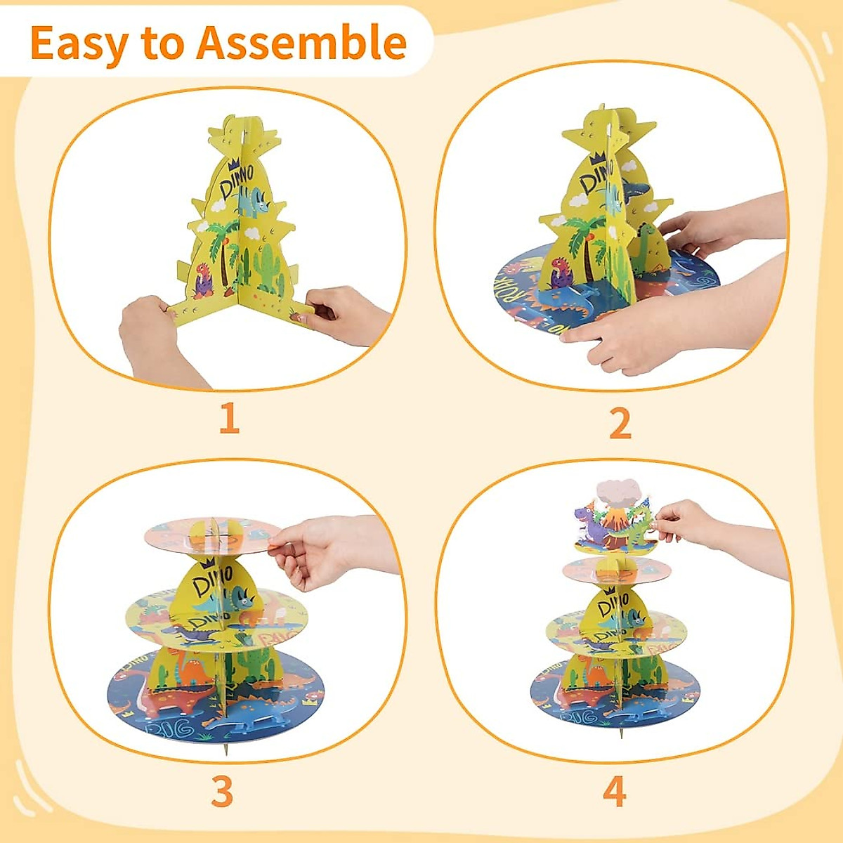 YHomU 3-Tier Dinosaur Cupcake Stand, Dinosaur Themed Birthday Party Decorations, Sturdy Cardboard Cake Holder, Round Dessert Display Tower, Stable Serving Stand for Weddings, Birthdays, Parties