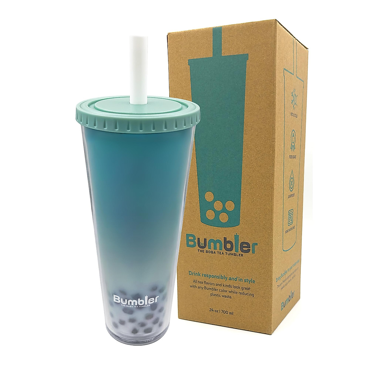 Bumbler 24oz Large Reusable Portable Eco-Friendly Tumbler | Drinking Cup with Wide Soft Tip Straw, Aesthetic Leak-Proof Lid – for Boba Tea, Smoothies, Iced Coffee, Hot or Cold Drinks – Fresh Mint