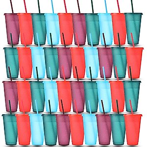 24 oz Cups with Lids and Straws Plastic Tumbler with Straw and Lid Glitter Tumbler Iced Coffee Cup Reusable Travel Mug Water Bottle for Smoothie Party Birthday(Cute Color,40 Pack)