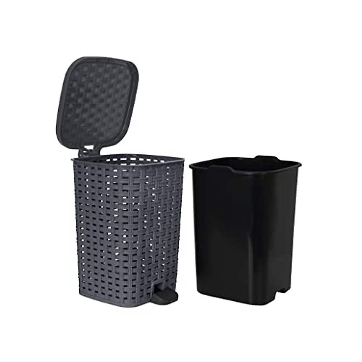 Superio Mini Trash Can with Foot Pedal Small Outdoor Garbage Can with Lid, 3 Gallon Plastic Waste Basket for Bathroom, Bedroom, Kitchen, Office, Patio (Wicker Grey 12 QT.)