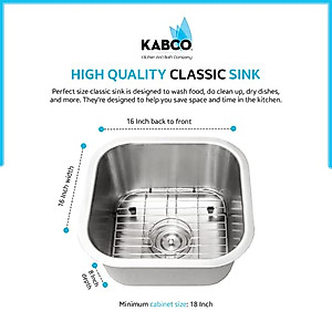 KABCO 16 Inch Square Single Bowl Stainless Steel Classic Kitchen Sink with Kitchen Sink Strainer, Garbage Basket and Sink Grid, 18 Gauge Undermount Rust Resistant Sound and Heatproof Swirl Finish Sink