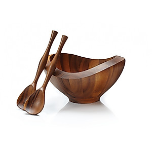 nambe Bella Salad Bowl with Servers | 3 Piece Wooden Salad Bowl Set with Serving Utensils | Acacia Wood Salad Tosser and Fruit Bowl | Housewarming Gift with Gift Box