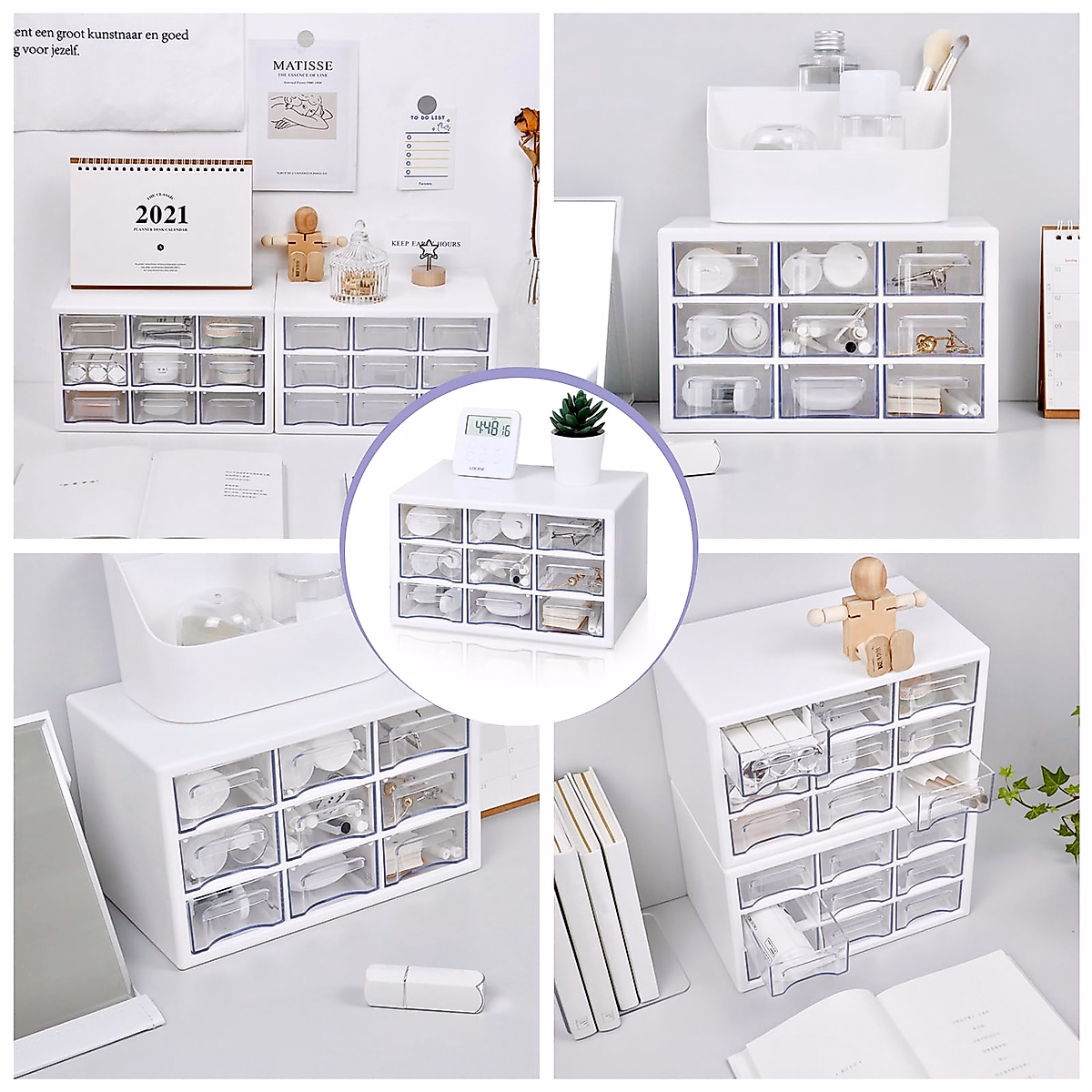 FODIENS Desk Storage Organizer with 9 Drawers, Stackable Desktop Craft Drawer Cabinet, Clear Storage Box Caddy for Makeup Jewelry Office Craft Supplies (9.84×6.3×5.9in)