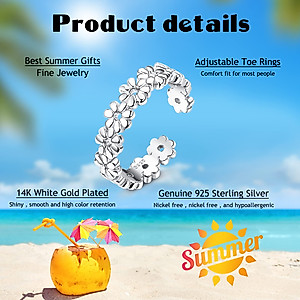 FIASASO 925 Sterling Silver Toe Rings for Women Adjustable 14K White Gold Plated Flower Cz Snake Twist Opal Band Rings Summer Beach Open Toe Rings Foot Jewelry