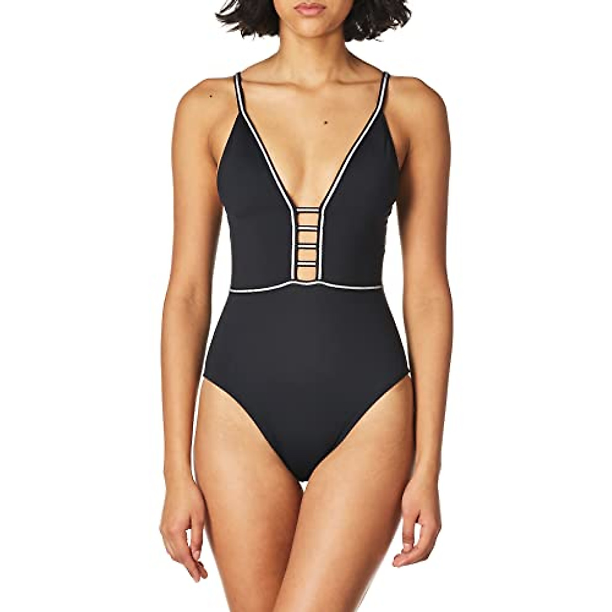 La Blanca Women's Standard Plunge Mio One Piece Swimsuit, Black/White//Zig and Zag, 2