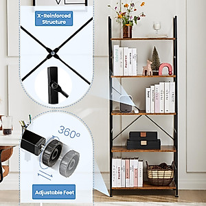 DUMOS 5 Tiers Bookshelf, Classical Modern Book Shelf, Tall Display Shelves in Living Room/Home/Office, Storage Organizer for CDs/Books/Movies, Rustic Brown