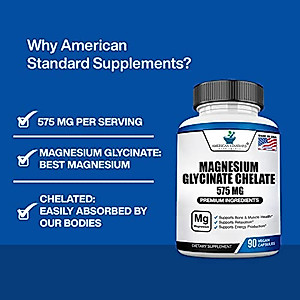 Magnesium Glycinate 575mg per Serving, Magnesium Glycinate Chelate, Magnesium Glycinate Capsules, Magnesium Supplement for Bone & Muscle Health, Chelated for Maximum Absorption, 90 Veggie Capsules