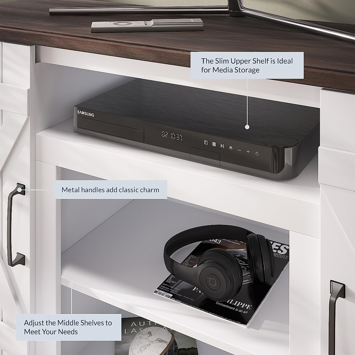 BELLEZE Industrial 47 Inch Rustic Wood TV Stand & Media Entertainment Center Console Table for TVs up to 50 Inch with Open Storage Shelves & Cabinets - Veropeso (White)