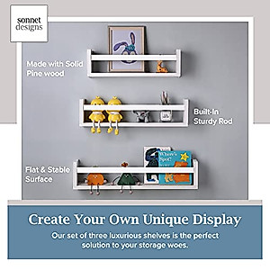 Sonnet Designs Floating Shelves - Set of 3 Wall Mounted Shelves for Nursery Decor, Living Room, Office, Bathroom & Kitchen - Solid Pine Wood with Sturdy Rod - All White Floating Shelf Set