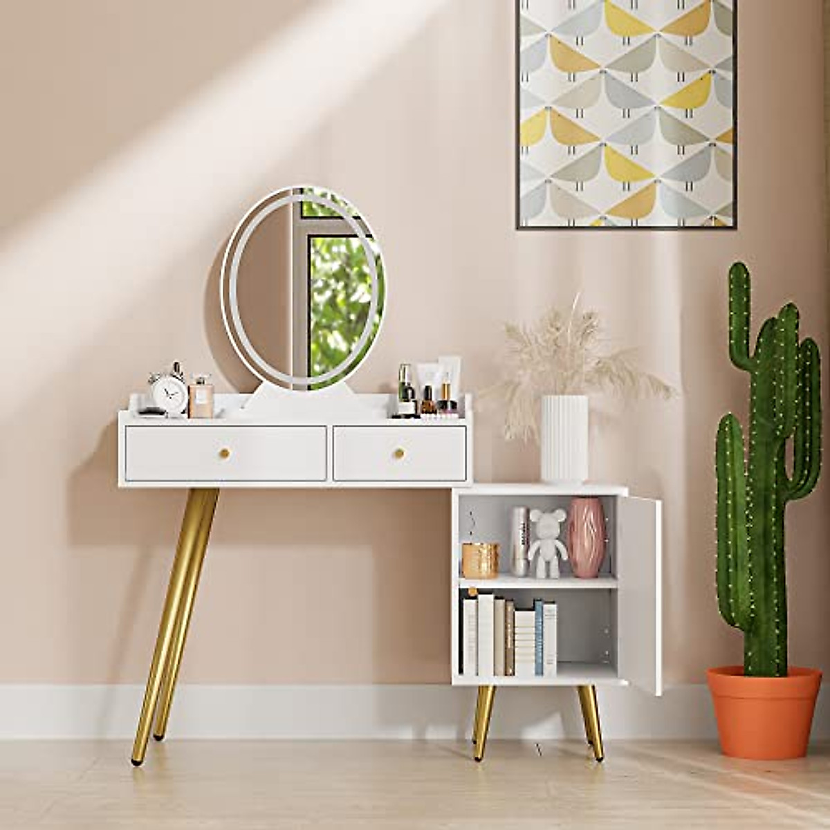 Cozy Castle Vanity Desk with Lighted Mirror, Makeup Vanity Table with Drawers and Adjustable Cabinet, Dressing Table Without Chair for Makeup Room, and Bedroom, White