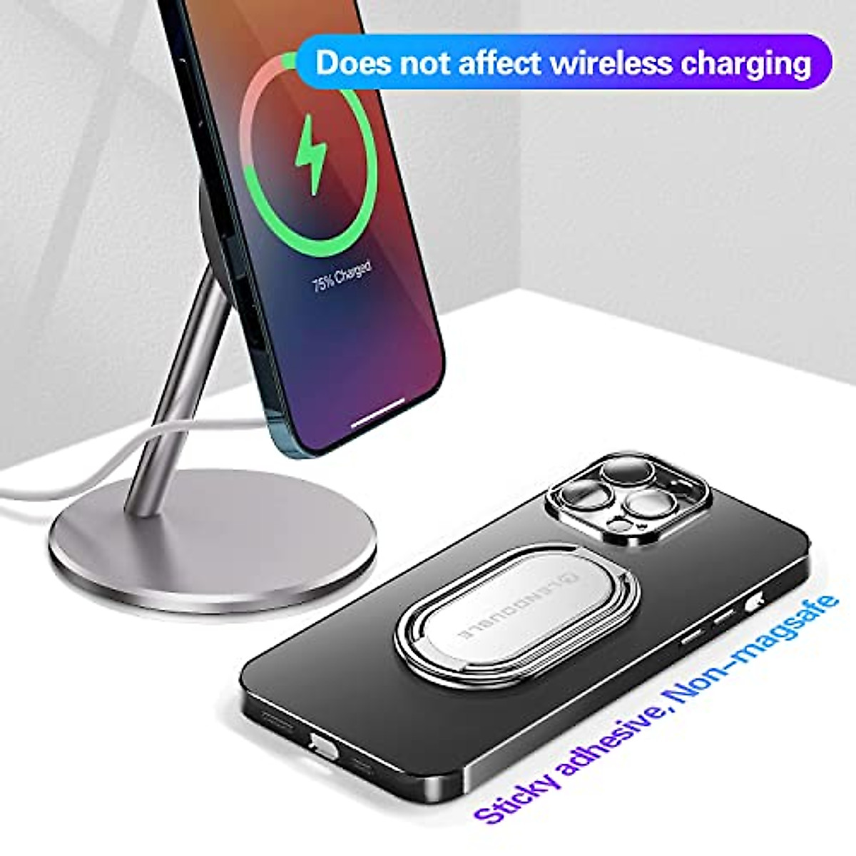 Foldable Cell Phone Stand for Desk, Adjustable Cellphone Ring Holder Finger Kickstand for Office Desktop & Magnetic Car Mount, Rotatable Multi-Angle Hand Grip for iPhone 14 and Smartphones Back Case