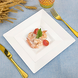 SETUP [100 Piece Combo White Square Plates, Disposable Plastic Plates - Premium Heavy-Duty 50 Disposable 9.5" Dinner Party Plates and 50 Disposable 6.5" Salad Plates