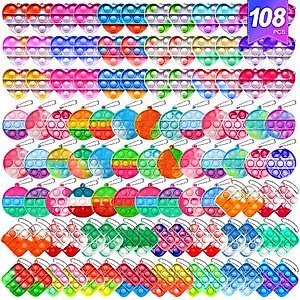 108 PCS Mini Pop Keychain Fidget Toys,3 Shape Pop Fidget Toys Its Party Favors Kids Toys Fidgets Packs Sensory Toys Stress Toys Party Gift,Push Mini Pop Keychain Bulk