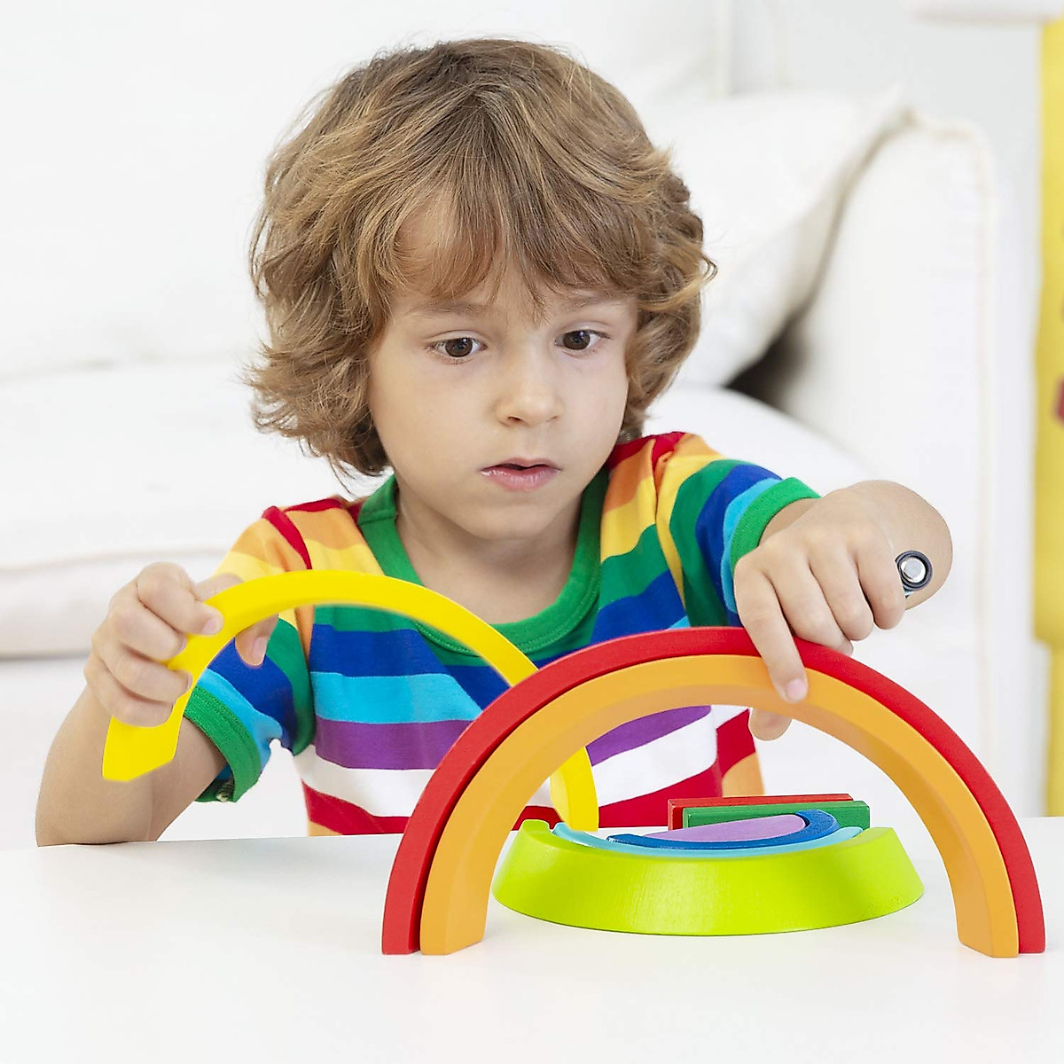 Lewo Wooden Rainbow Stacking Game Learning Toy Geometry Building Blocks Educational Toys for Kids Baby Toddlers (Rainbow)
