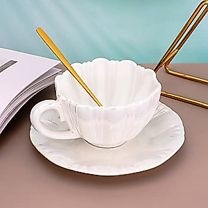 VCXOX Creative Cute Ceramic Coffee Mug with Flower Shape Saucer & Spoon Sets, Novelty Coffee Cup with Comfortable Grip for Office and Home, 8.1 oz/240 ML for Tea Latte Milk Cup (white)