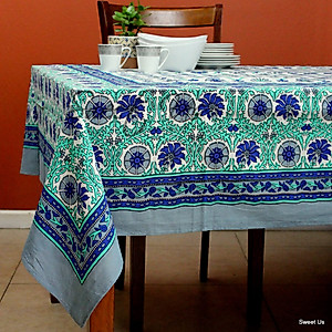 Sweet Us Floral Tablecloth for Rectangle Tables, Cotton Floral Kitchen Dining Table Cloth and Napkin Bundle, Table Linen White Gray Turquoise Blue, Table Cover for Indoors and Outdoors 70 x 104 in