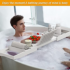 Bamboo Bathtub Tray Bath Tub Caddy with Expandable Handles Wine Glass Phone Holder Book Stand for Bathroom White