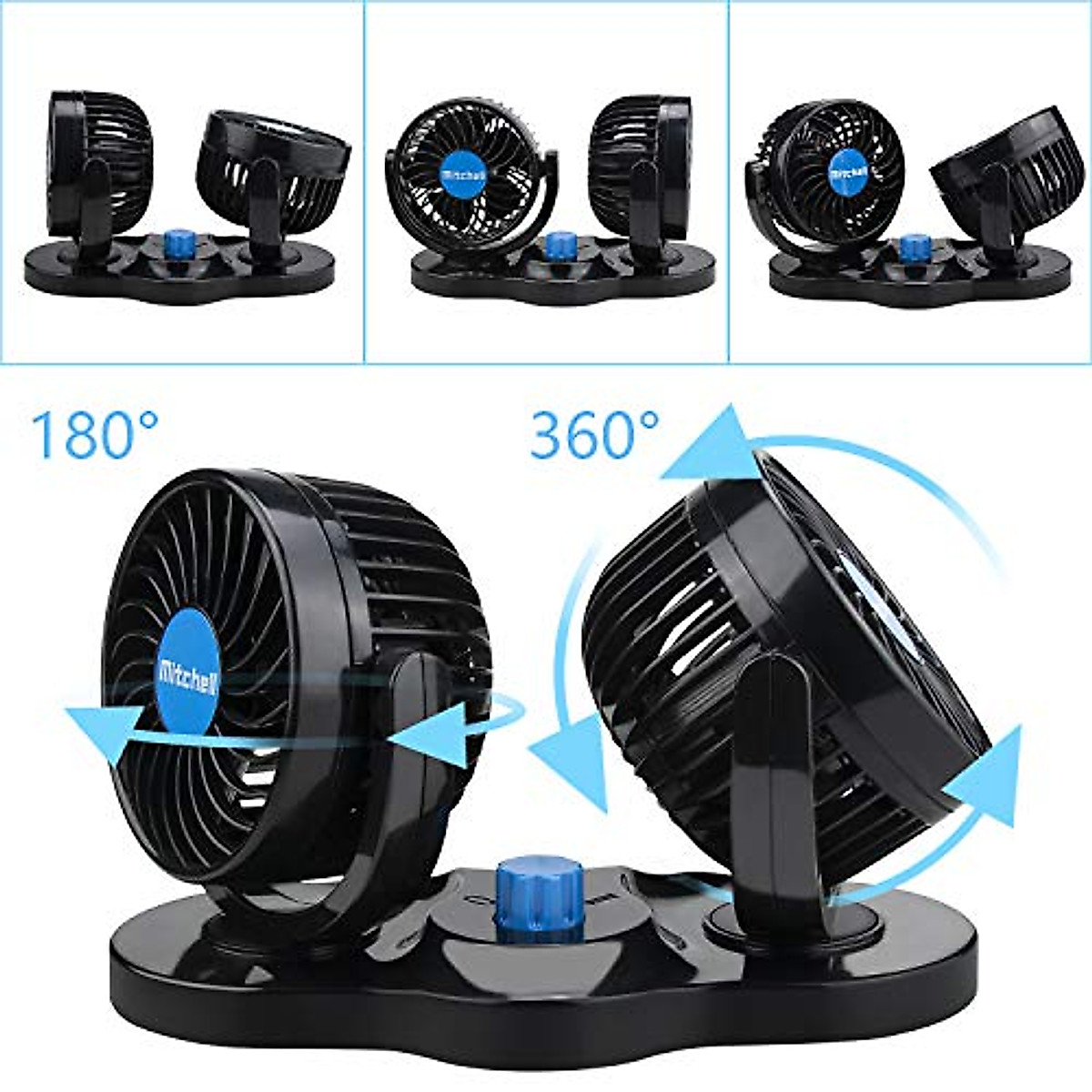 Jhua 12V Electric Car Fan 360 Degree Rotatable 2 Speed 4in Dual Head Car Auto Cooling Air Circulator Fan Quiet - Cigarette Lighter for Van SUV RV Boat Auto Vehicles Golf (Black