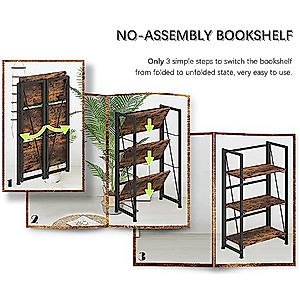 4NM No-Assembly Folding Bookshelf Storage Shelves 3 Tiers Vintage Bookcase Standing Racks Study Organizer Home Office (Rustic Brown and Black)