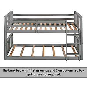 Merax Kids Bunk Bed Twin Over Twin, Wood Low Floor Bunkbed with Stairs Guardrail for Boys, Girls, Toddlers, No Box Spring Required, Grey