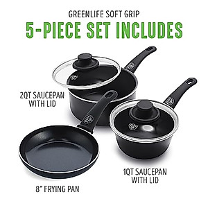 GreenLife Soft Grip Healthy Ceramic Nonstick, 1QT and 2QT Saucepan Pot Set with Lids and 8" Frypan Skillet, PFAS-Free, Dishwasher Safe, Black
