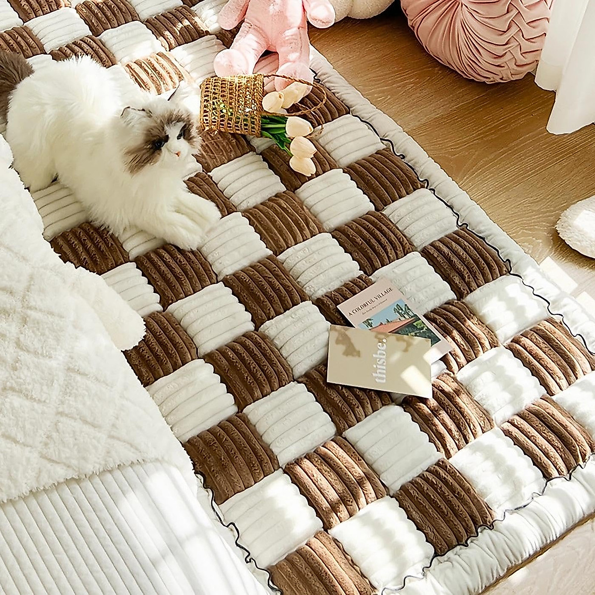 JIALOE Pet Couch Cover Coloured Large Plaid Square Pet Mat Bed Funny Fuzzy Couch Cover Dog Sofa Bed Pet Products Furniture (17.7x17.7inch, Gray)