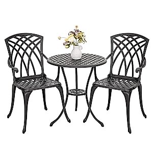 Nuu Garden 3 Piece Patio Bistro Table Set, Cast Aluminum Outdoor Patio Bistro Set Weather Resistant Chairs and Table with Umbrella Hole for Yard, Balcony, Black with Golden Powder