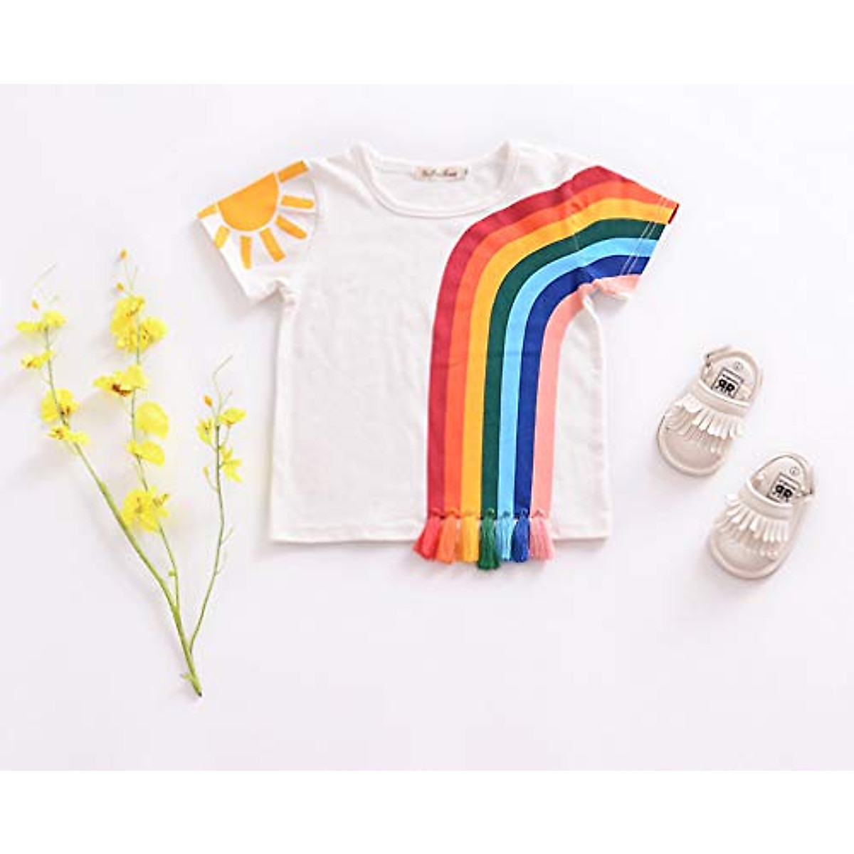 Toddler Kids Baby Boy Girl Short Sleeve Tassel Rainbow T-Shirt Striped Summer Casual Tops (White, 4-5T)