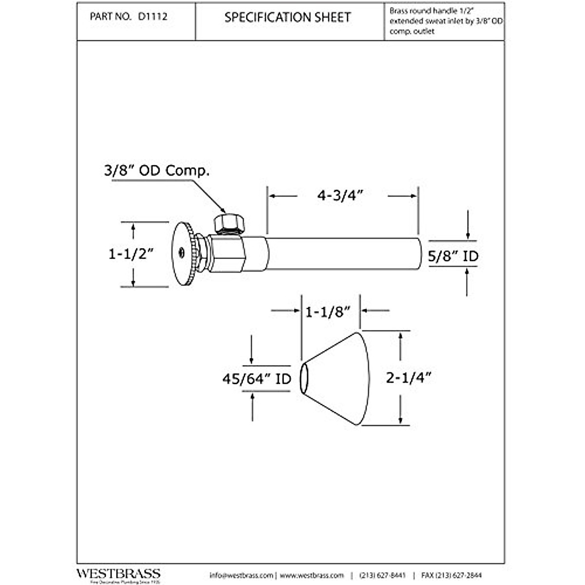 Westbrass D1112-01 Round Handle Angle Stop Shut Off Valve, 1/2" Copper Sweat x 3/8" OD Compression Outlet, Polished Brass