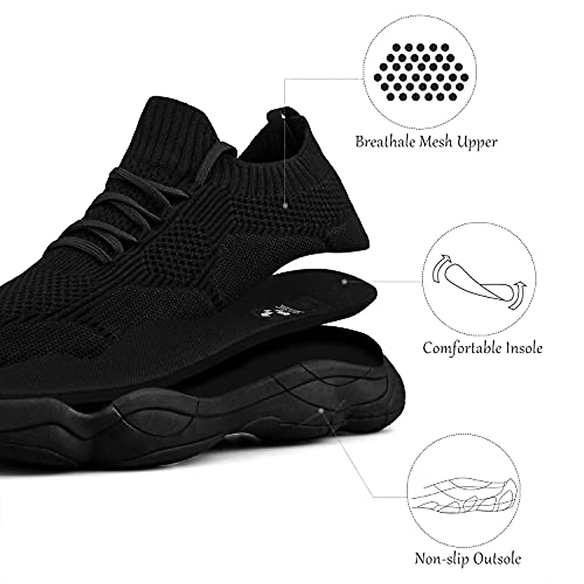 Feethit Womens Walking Shoes Lightweight Athletic Memory Foam Slip On Workout Shoes Soft Tennis Casual Sneakers All Black 6.5