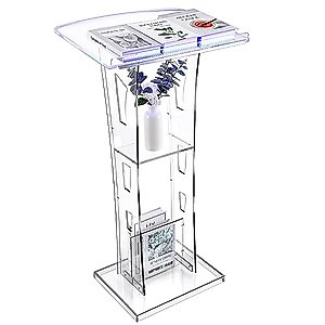 Acrylic Podium Stand with Led Light, Clear Podium with Storage Shelf, Portable Lecterns Pulpit for Church Wedding Classroom Conference Floor Standing Style, Slanted Top