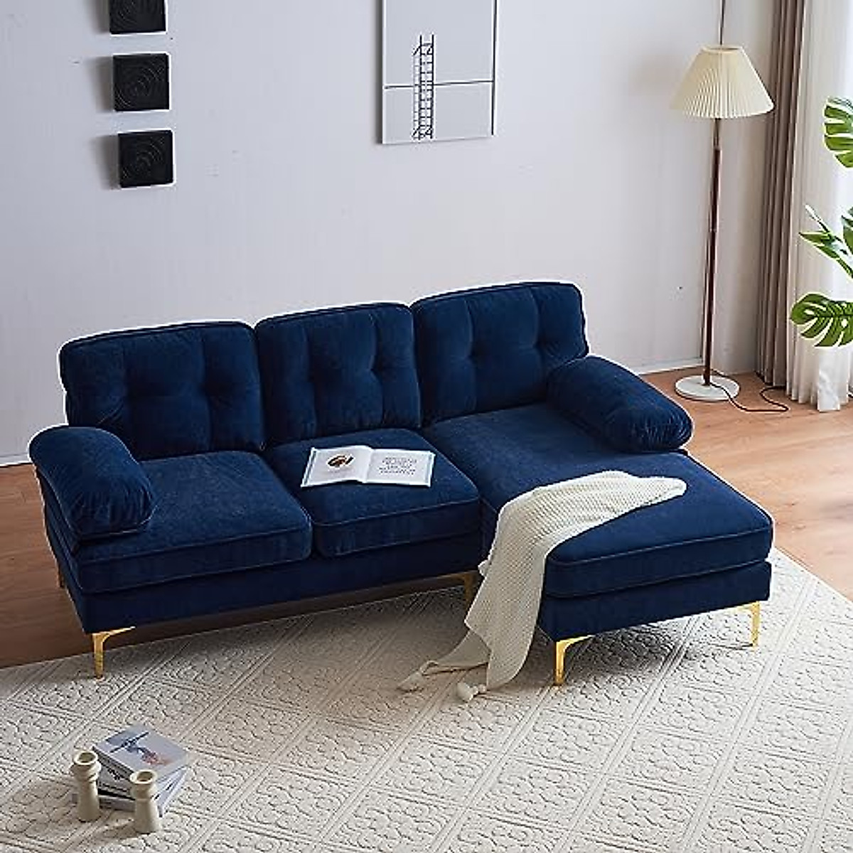Eafurn Button Tufted Velvet Sectional, L-Shape Corner Extra Wide Chaise Lounge and Arm-Pillows, Right Hand Facing Comfy Sofa & Couches for Living Room,Up to 3 Seating Capacity, Blue 83"