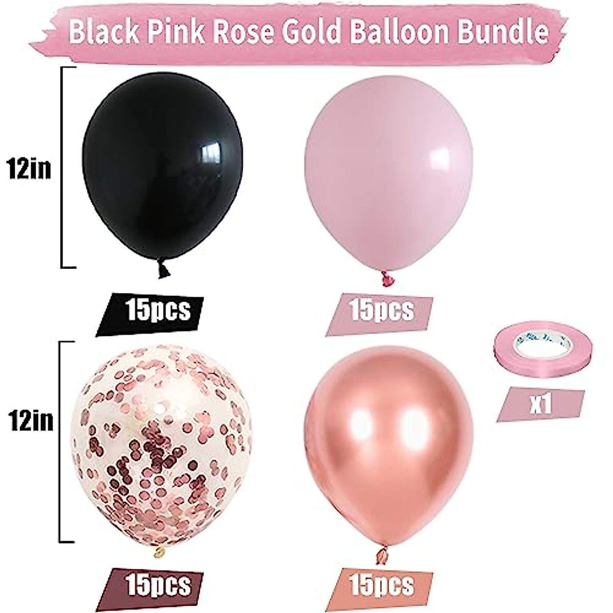 Light Pink and Black Balloons, 55 Pcs Black and Pink Balloons Set with Rose Gold Confetti Metallic Rose Gold Balloons, 12 Inch Pastel Pink Baby Pink Balloons for Girl Birthday Party Wedding Decoration