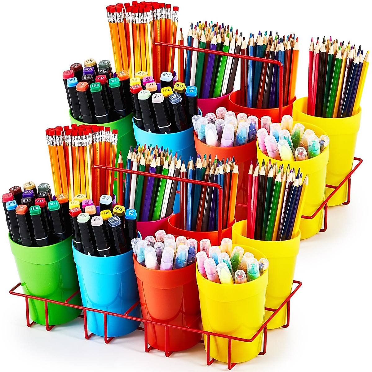 Glenmal 2 Sets Plastic Marker Caddy and Stand for Kids Classroom School Portable Wire Craft Organizers and Storage with Handle Art Supplies Pencils Paint Brushes Crayon Organizer for Scrapbook Desk