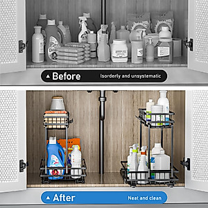 Under Sink Organizers and Storage, MEGAGURU 2-Tier L-Shape Heavy Duty Metal Pull Out Cabinet Organizer for Under Sink Organizer, Multi-Purpose for Under Kitchen Bathroom Sink Organizers and Storage