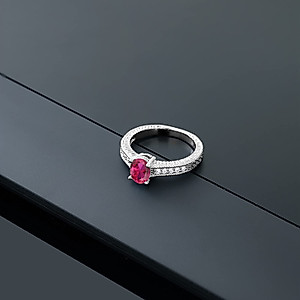 Gem Stone King 925 Sterling Silver Oval Red Created Ruby and White Moissanite Women Engagement Ring (1.00 Cttw, Available In Size 5, 6, 7, 8, 9)