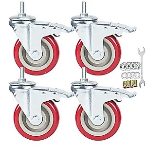Swivel Stem Casters, Heavy Duty Double-Locking Castors with Red PU Wheels Quiet and No Marking with Metric Thread Rods M10-1.5x25mm 800-1000lb Load Capacity Pack of 4 (4 Inch)