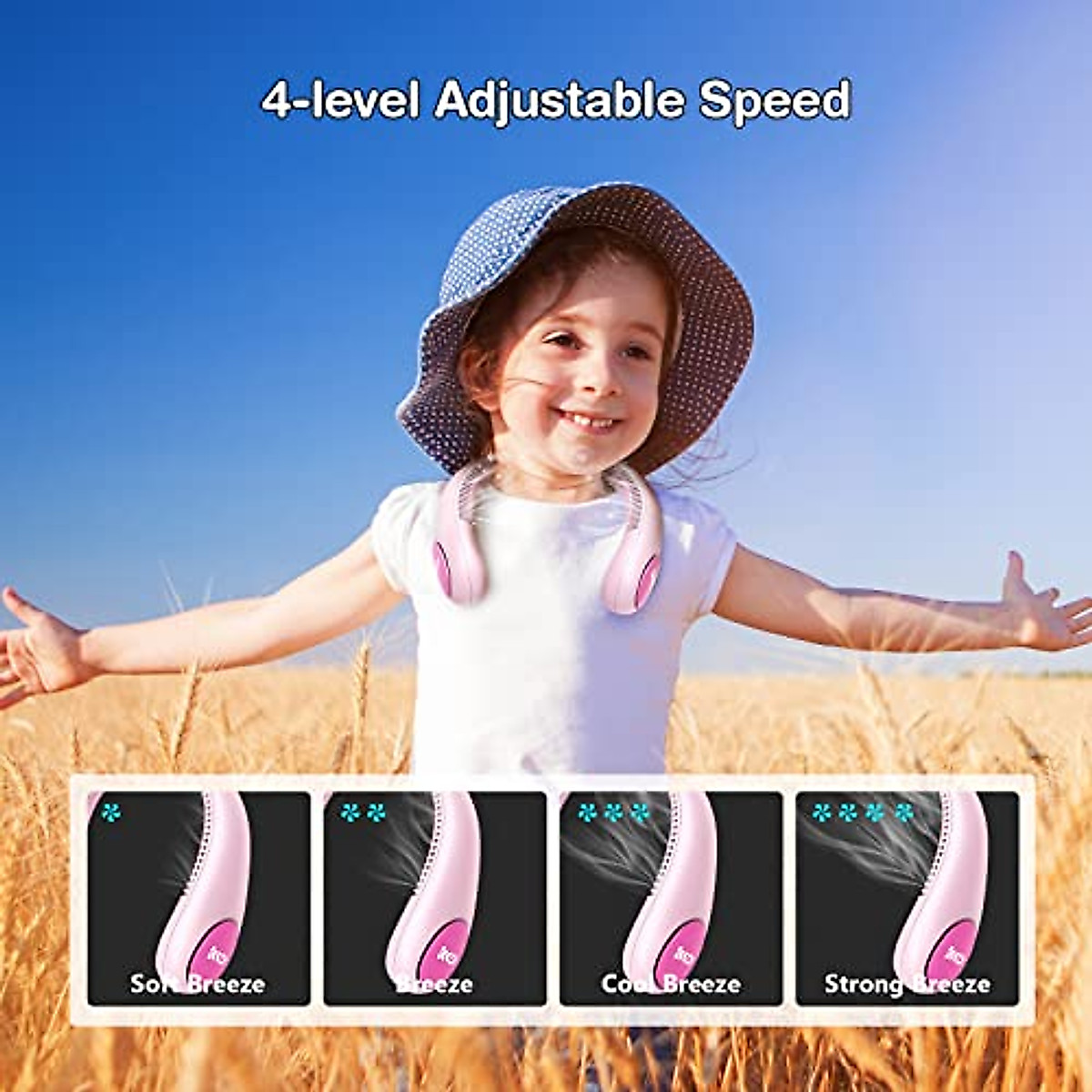 Kkdi Kids Neck Fan, Portable Bladeless Fan for Kid 4-14Y Girls & Boys, 2600mAh USB Personal Mini Fan Cooling Fan for Travel/Camping/Study, 4 Speeds, Lightweight, Compact, Perfect Summer Gifts for Kids