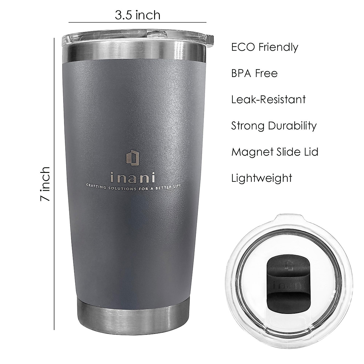 inani 20oz Stainless Steel Tumbler, Insulated Travel Coffee Cup, Leak-Resistant, Spill-Proof Lid, Dishwasher Safe, BPA-Free, Double-Wall Insulated Premium Travel Mug For Hot Or Iced Coffee, Gray