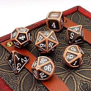 Haxtec Metal DND Dice Set W/Gift Metal Box Classic Collection Polyhedral Dice Set for Dungeons and Dragons RPG Games- Fine Antique Copper White Numbers
