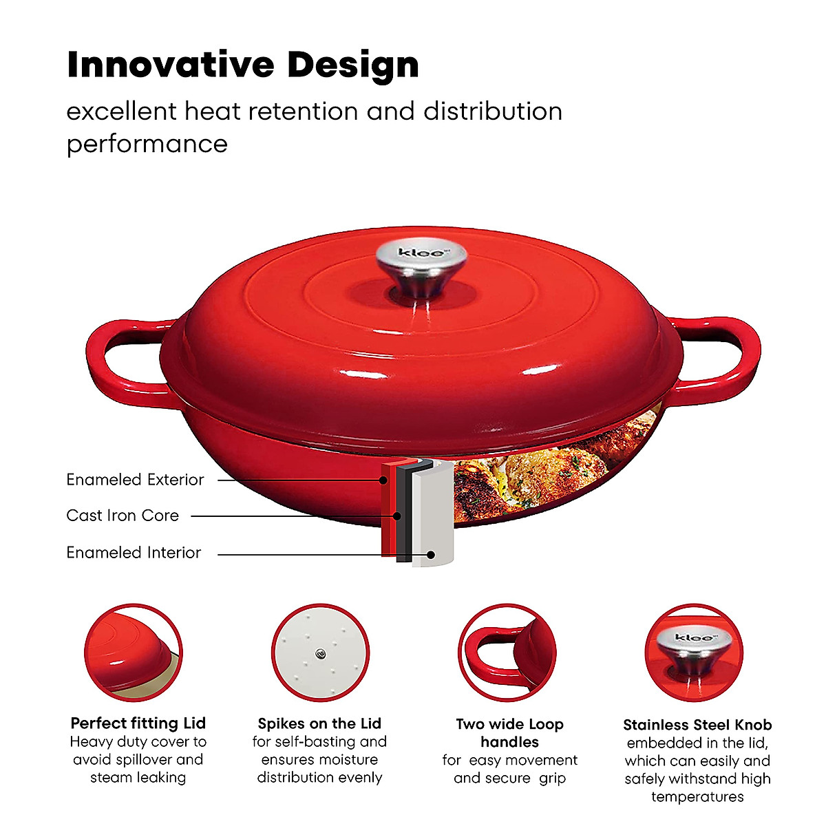 Klee 3.8 Quart Red Casserole Dish with Lid - Enameled Porcelain Coated Cast Iron Cookware Used as Braising Pan, Baking Pan, Saucepan, Frying Pan, and More - 3.8 Quart Capacity, 12 Inches